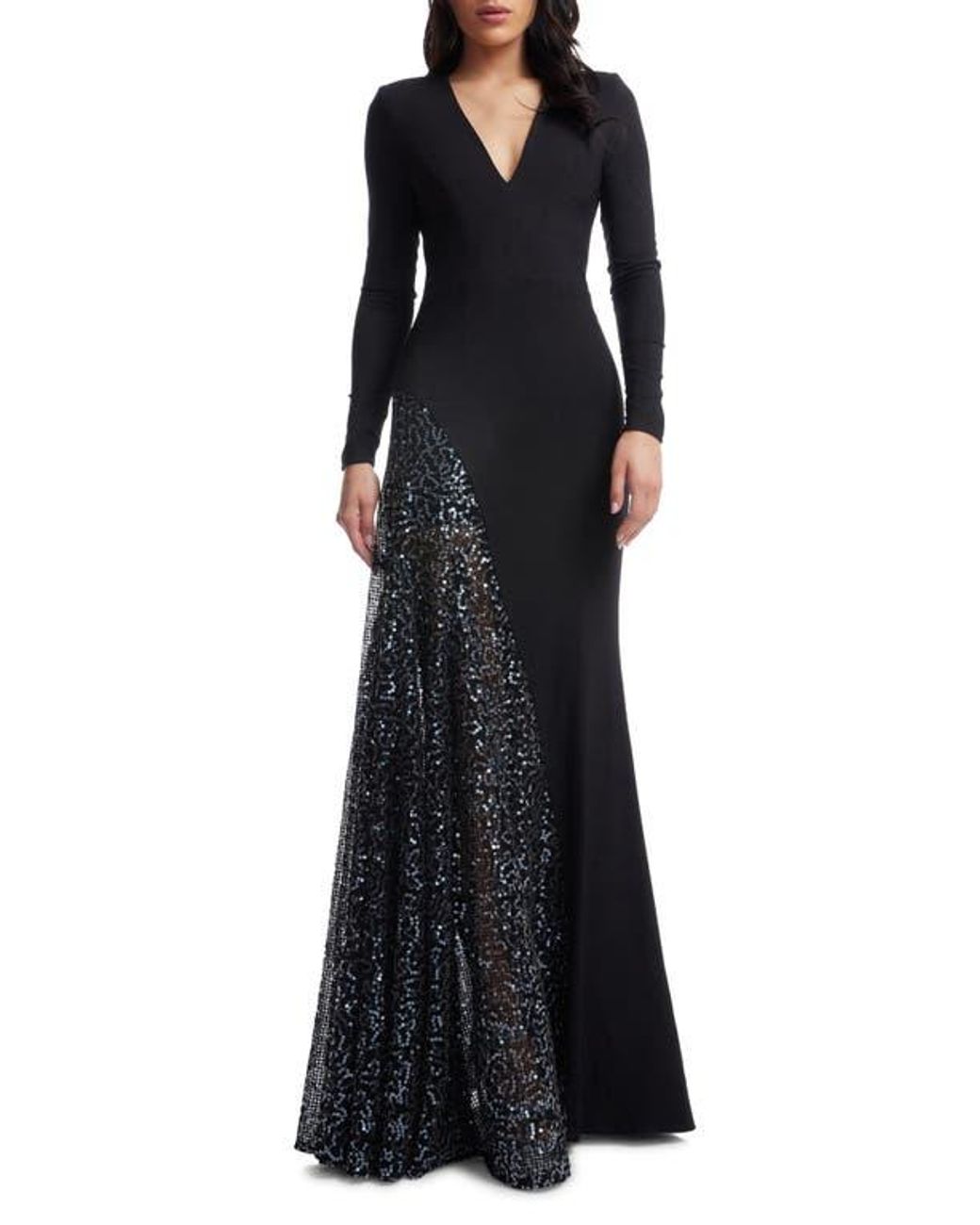 Dress the Population Winnie Sequin Panel Long Sleeve Gown in Black | Lyst
