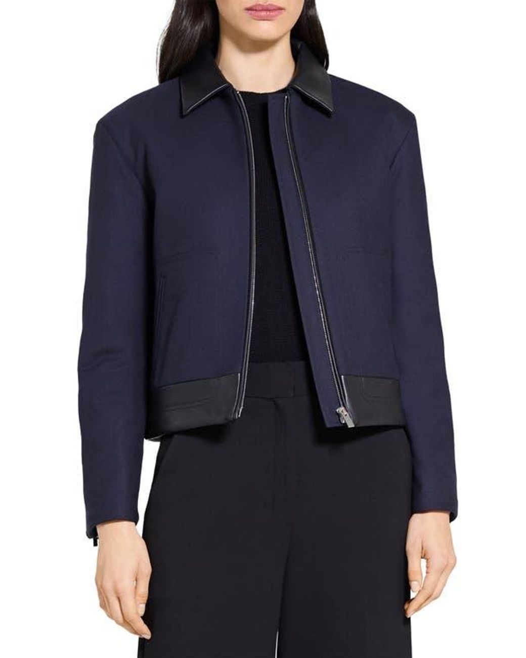 Theory Boxy Crop Jacket With Leather Trim in Blue | Lyst