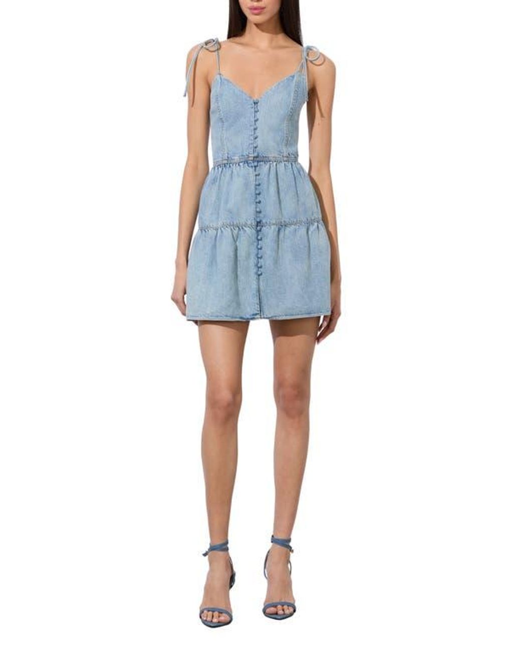 Alice + Olivia Shanti Button Front Tiered Denim Minidress in Blue | Lyst