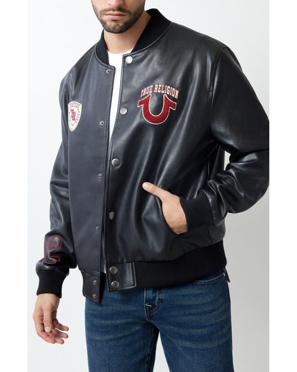 True Religion Faux Leather Varsity Jacket in Black for Men | Lyst