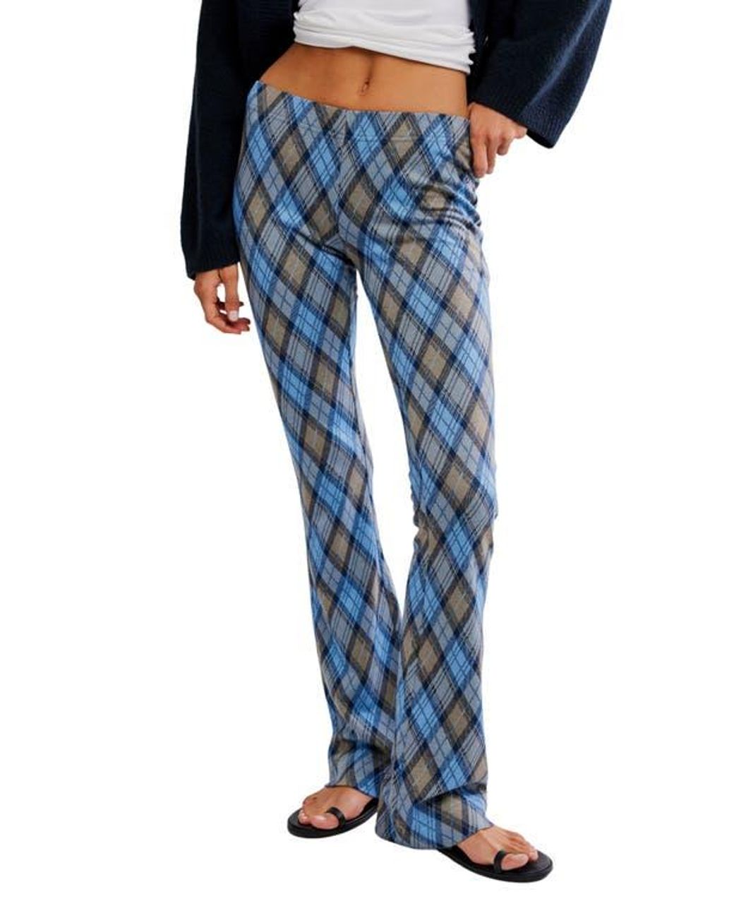 Free People Chloe Plaid Flare Leg Knit Pants in Blue | Lyst