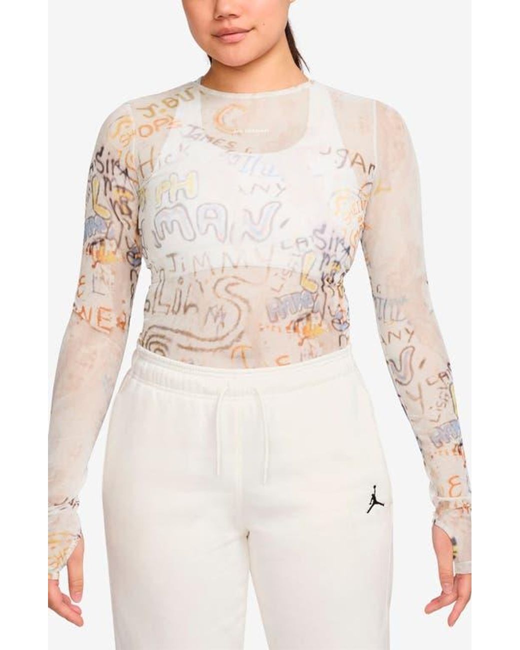Nike Print Sheer Long Sleeve Top in White | Lyst
