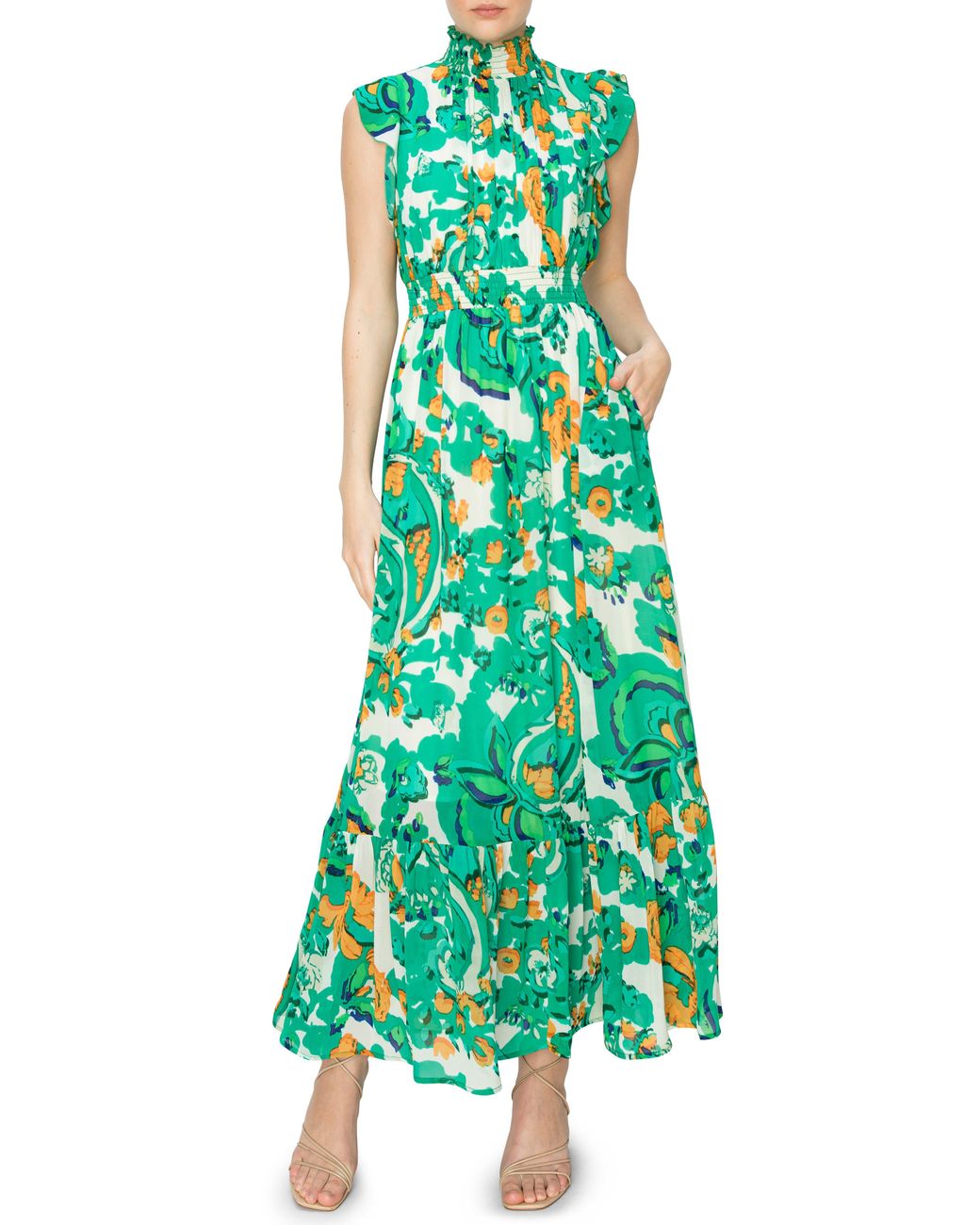 MELLODAY Smocked Mock Neck Tiered Maxi Dress in Green | Lyst