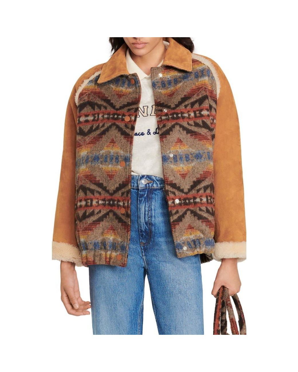Sandro Johnson Genuine Shearling Trim Wool Blend Jacket in Brown | Lyst