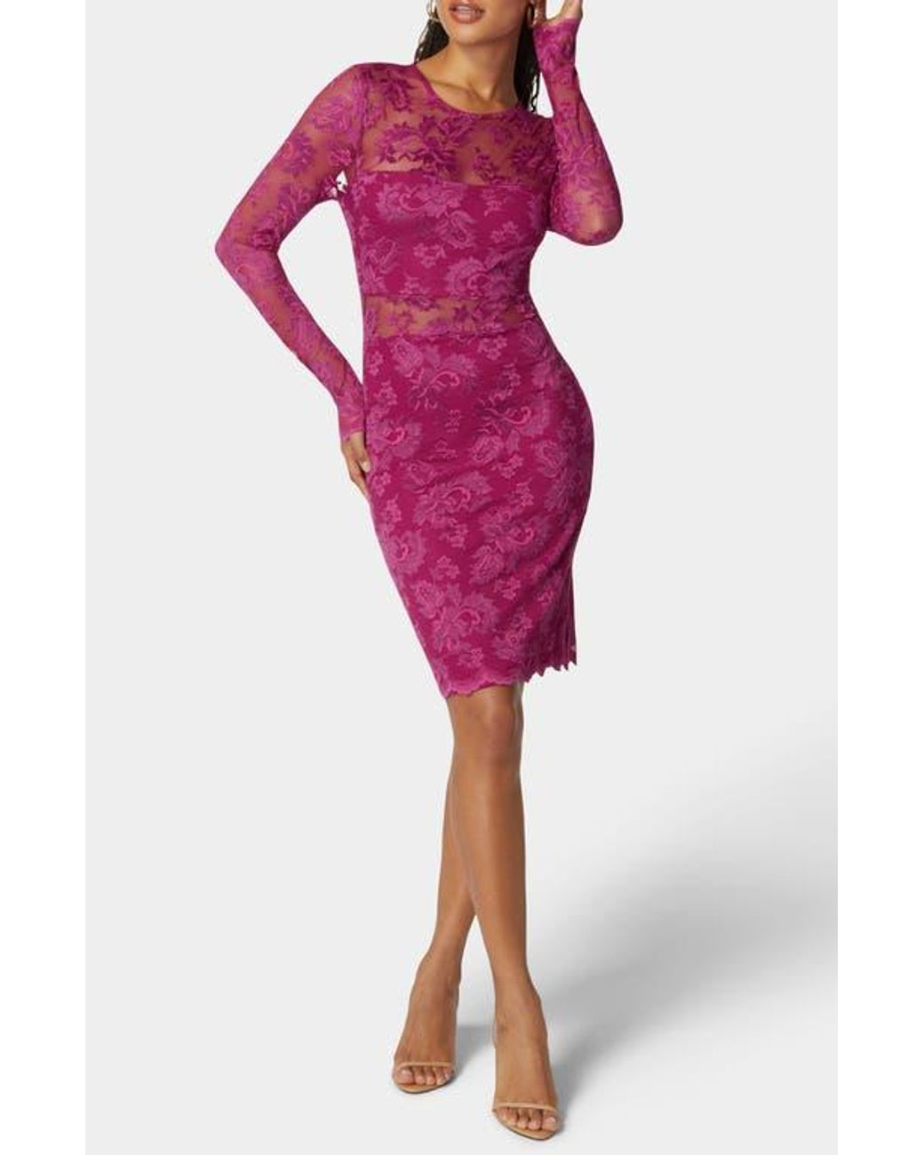 Bebe Lace Long Sleeve Cocktail Dress in Purple | Lyst