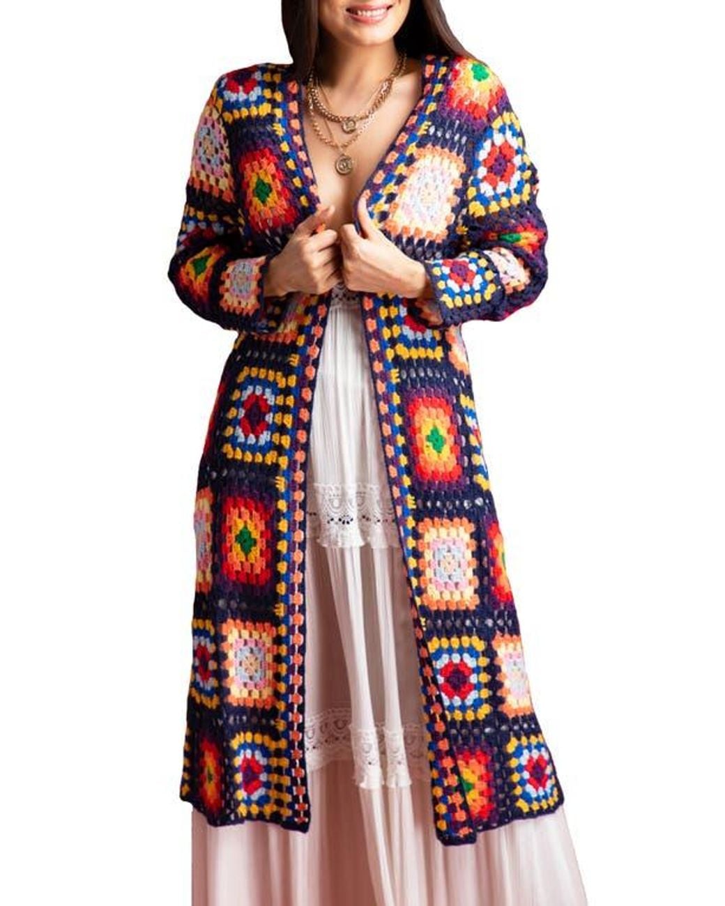 Saachi Granny Square Crochet Longline Cardigan in Red | Lyst