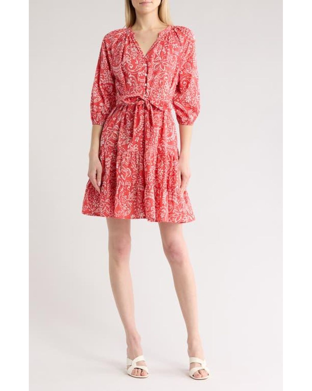 Ellen Tracy Floral Paisley Balloon Sleeve Fit & Flare Dress in Red | Lyst