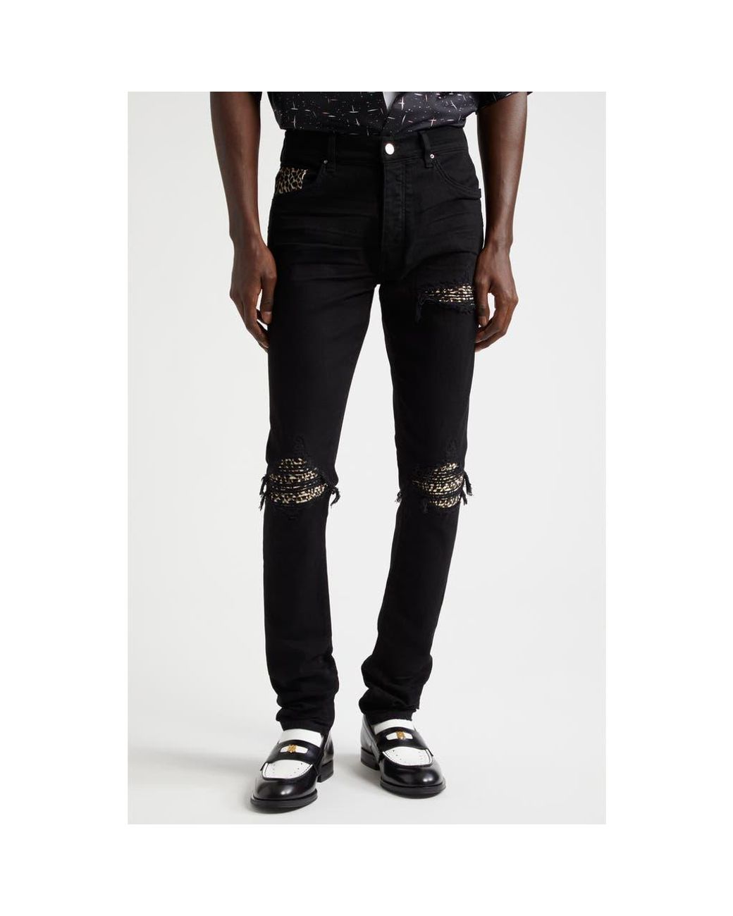 Amiri Mx1 Leopard Patch Rip & Repair Skinny Jeans in Black for Men | Lyst