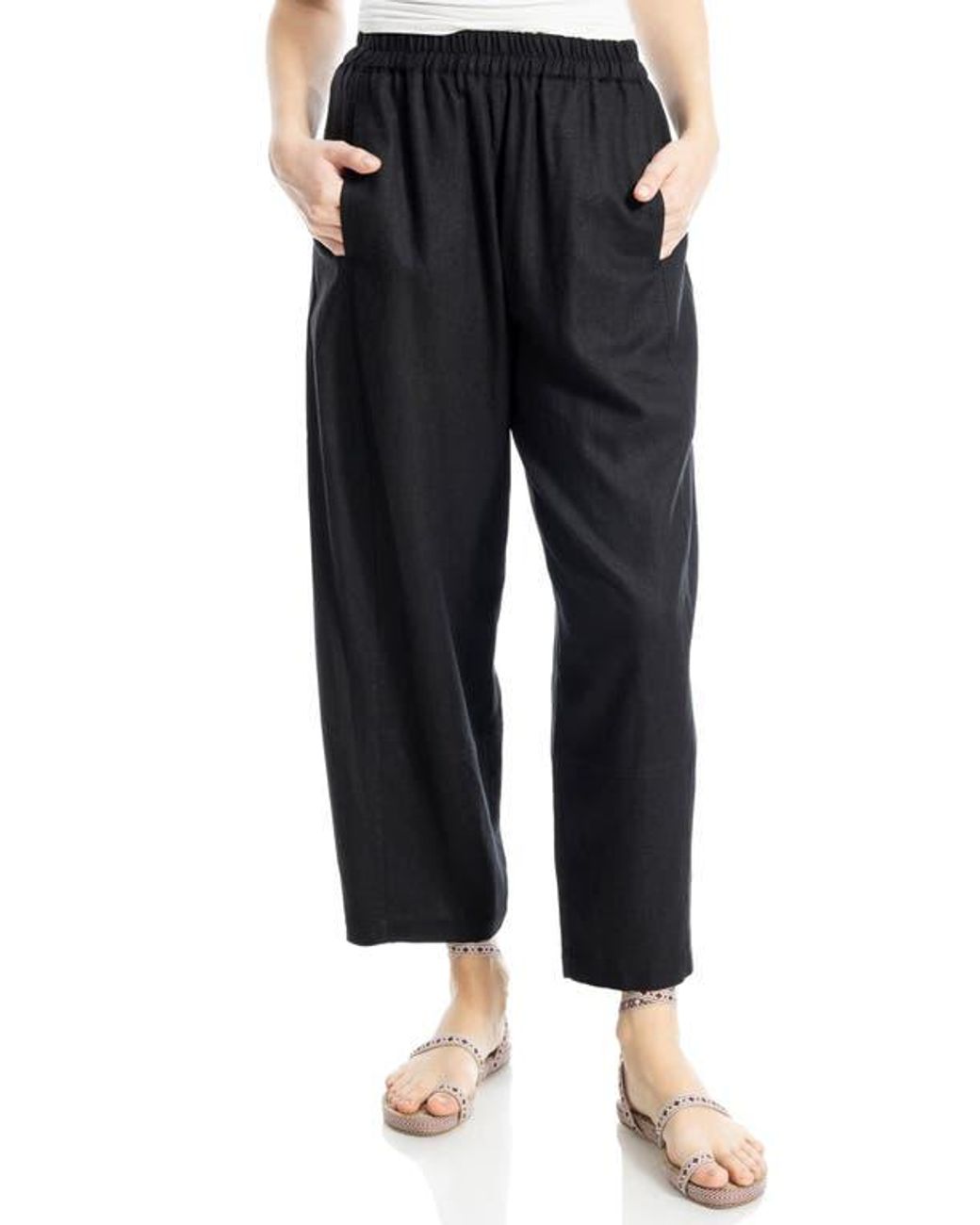 Max Studio Crop Linen Blend Barrel Leg Pants in Black | Lyst