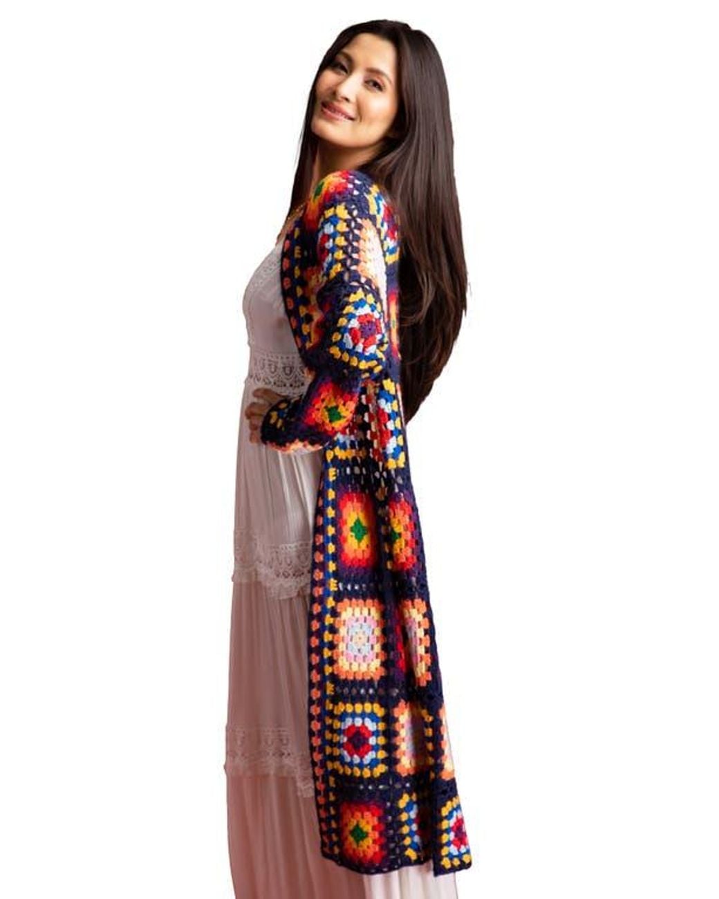 Saachi Granny Square Crochet Longline Cardigan in Red | Lyst