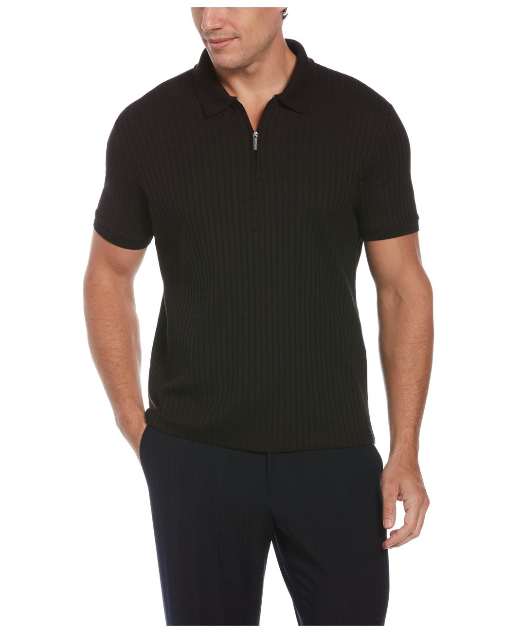 Perry Ellis Quarter Zip Ribbed Polo in Black for Men | Lyst