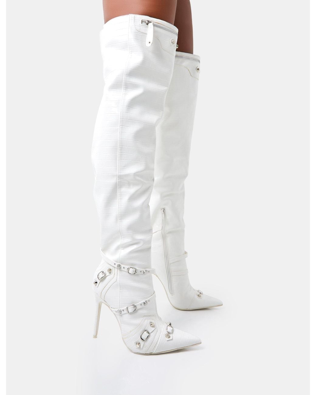 Public Desire Kodak White Croc Pointed Toe Zip Detail Over The Knee ...