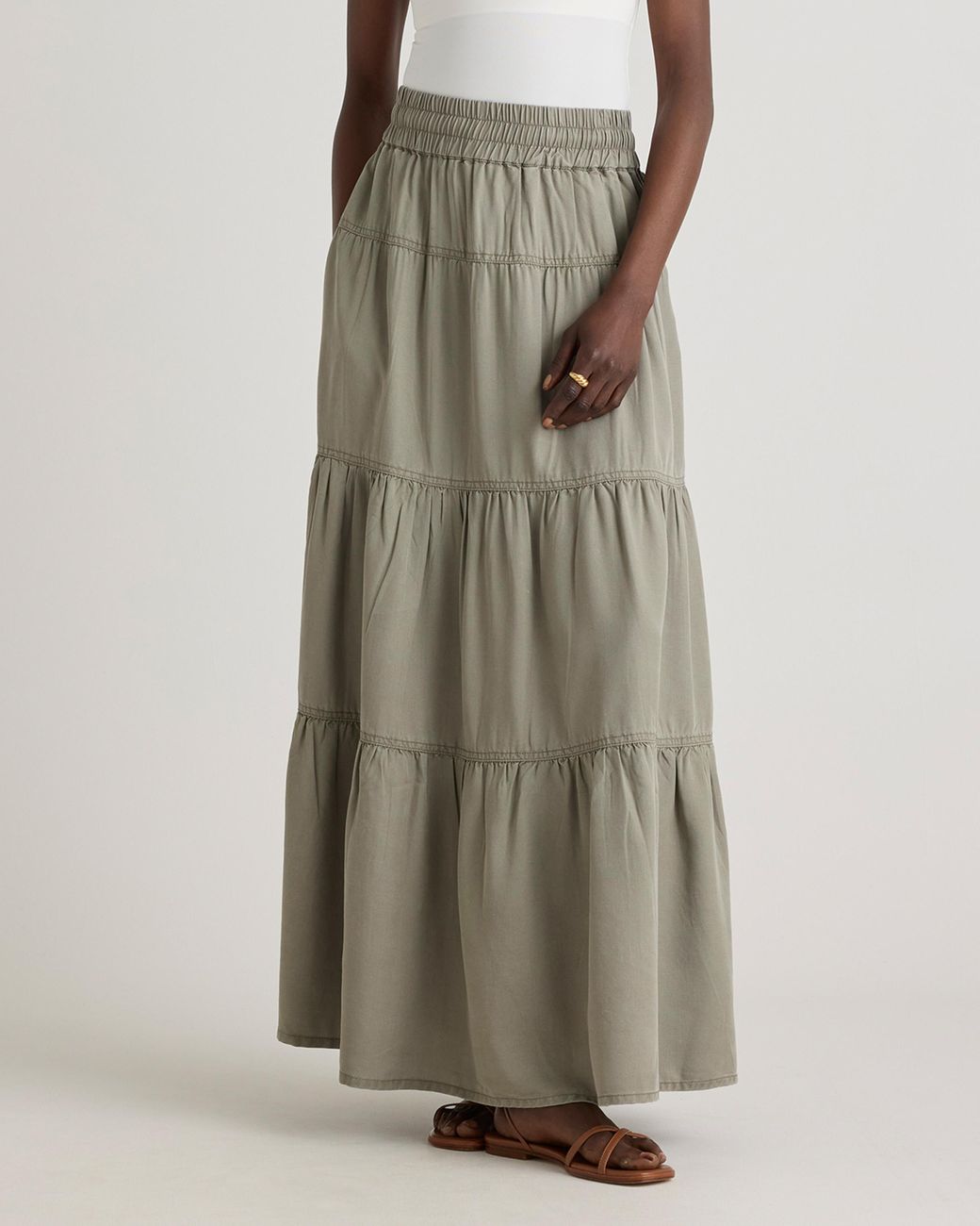 Quince Vintage Wash Tencel Tiered Maxi Skirt in Green | Lyst