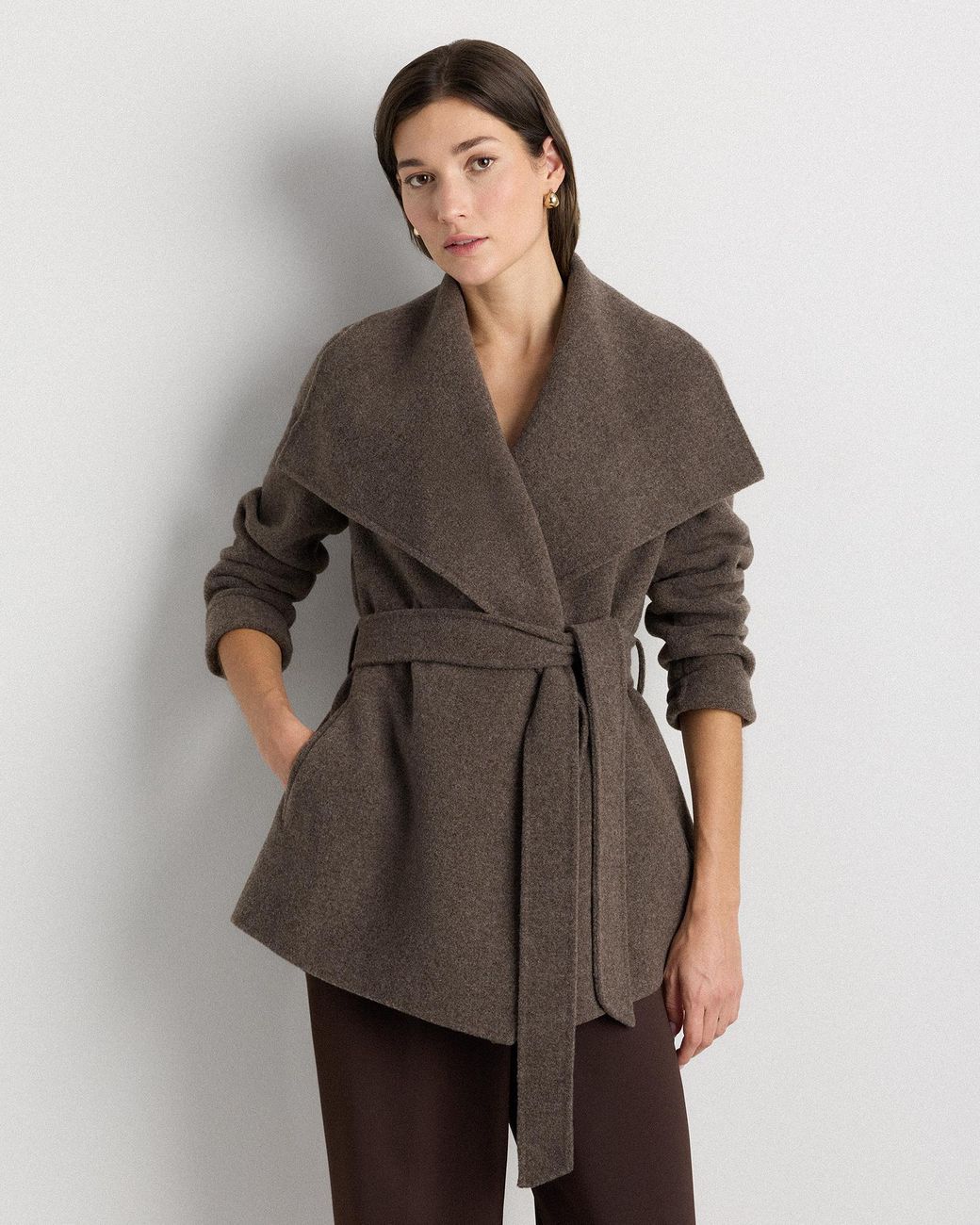 Quince Double-Faced Merino Wool Draped Collar Short Wrap Coat in Brown ...