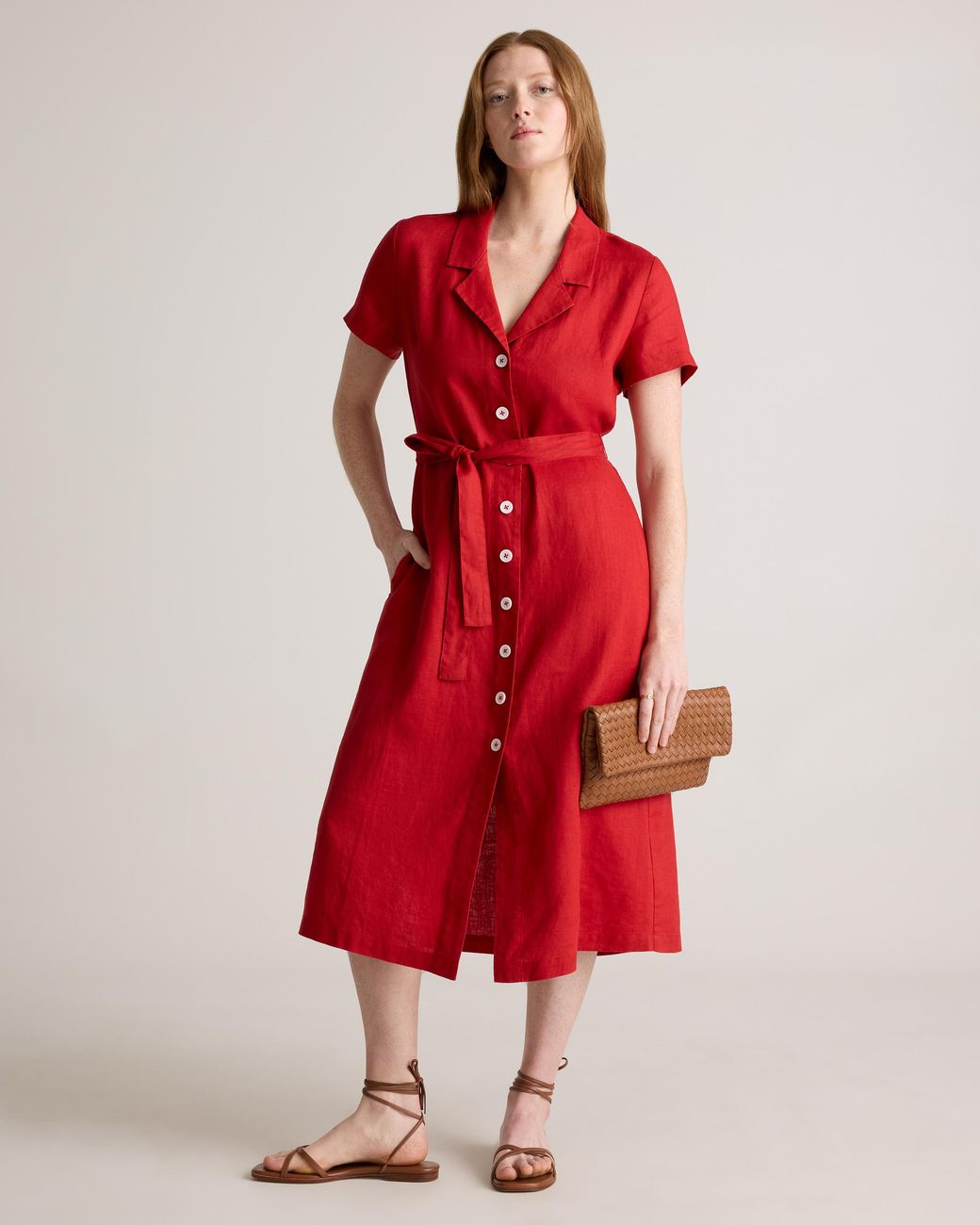 Quince 100% European Linen Button Front Dress in Red | Lyst