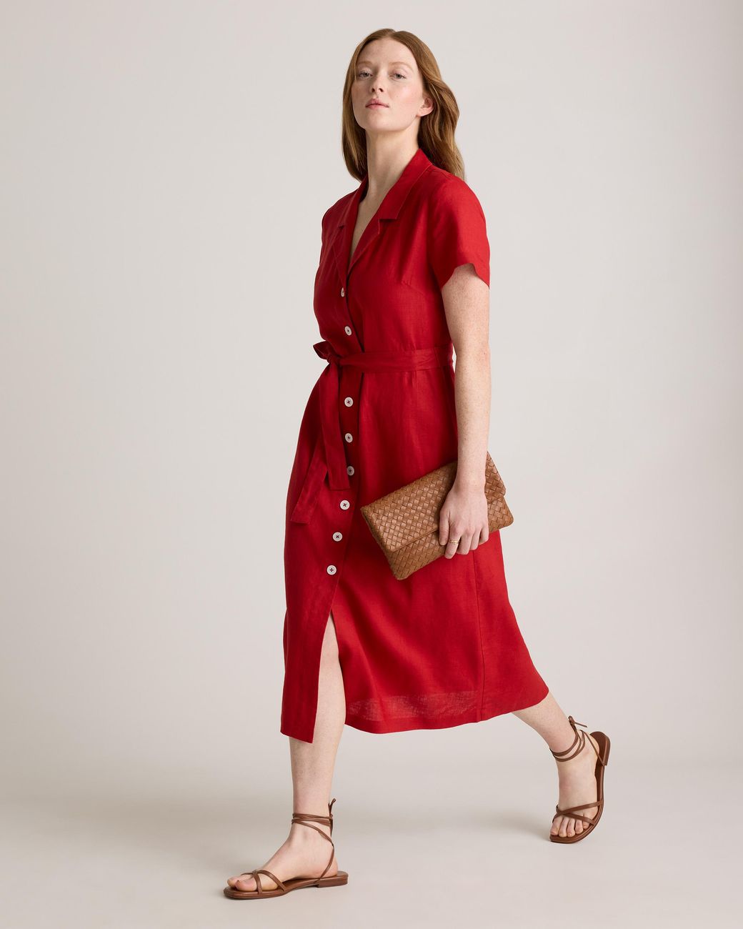 Quince 100% European Linen Button Front Dress in Red | Lyst