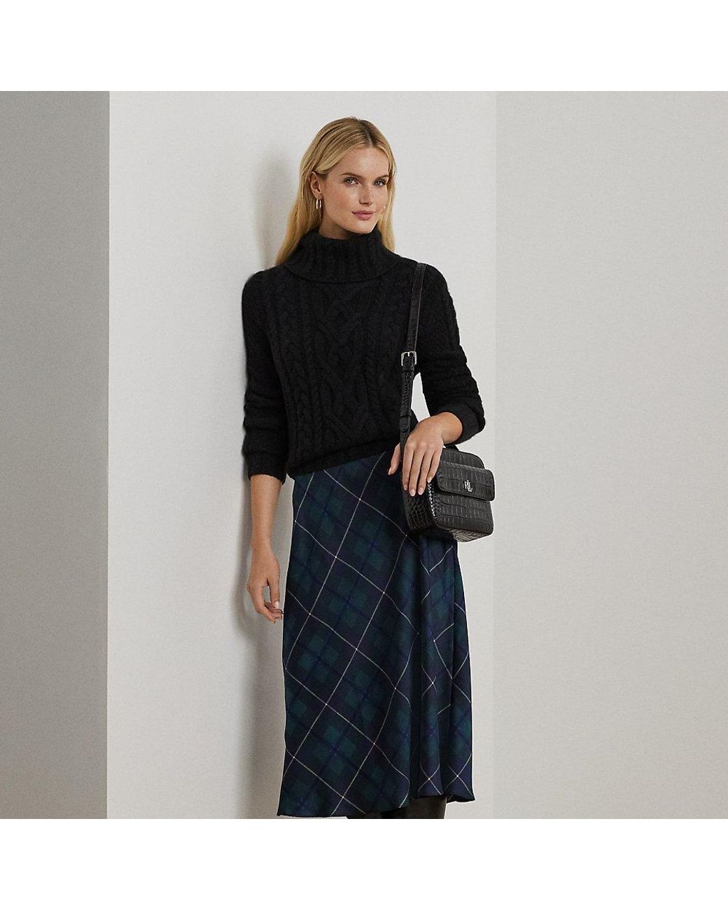 Ralph Lauren Plaid Satin Charmeuse Midi Skirt in Black | Lyst