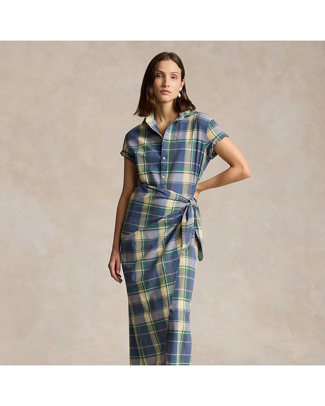 Ralph Lauren Plaid Cotton Faux-wrap Shirtdress in Blue | Lyst