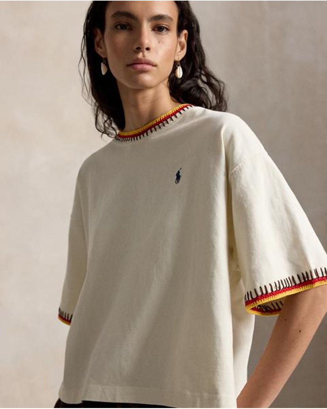 Polo Ralph Lauren Crochet-Trim Cotton Jersey Tee in Metallic | Lyst UK
