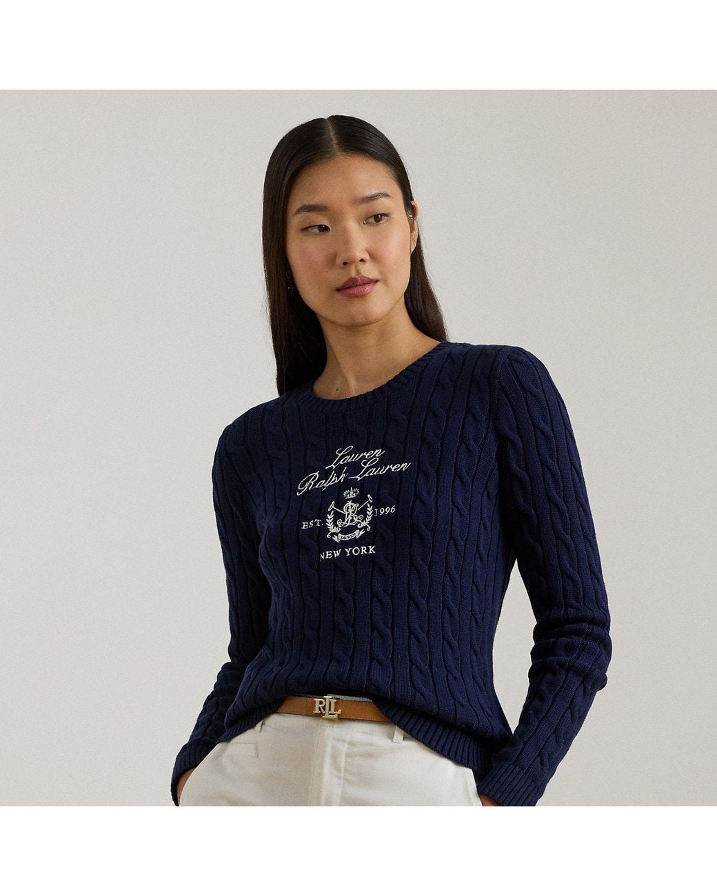 Ralph Lauren Embroidered-Crest Cable-Knit Jumper in Blue | Lyst