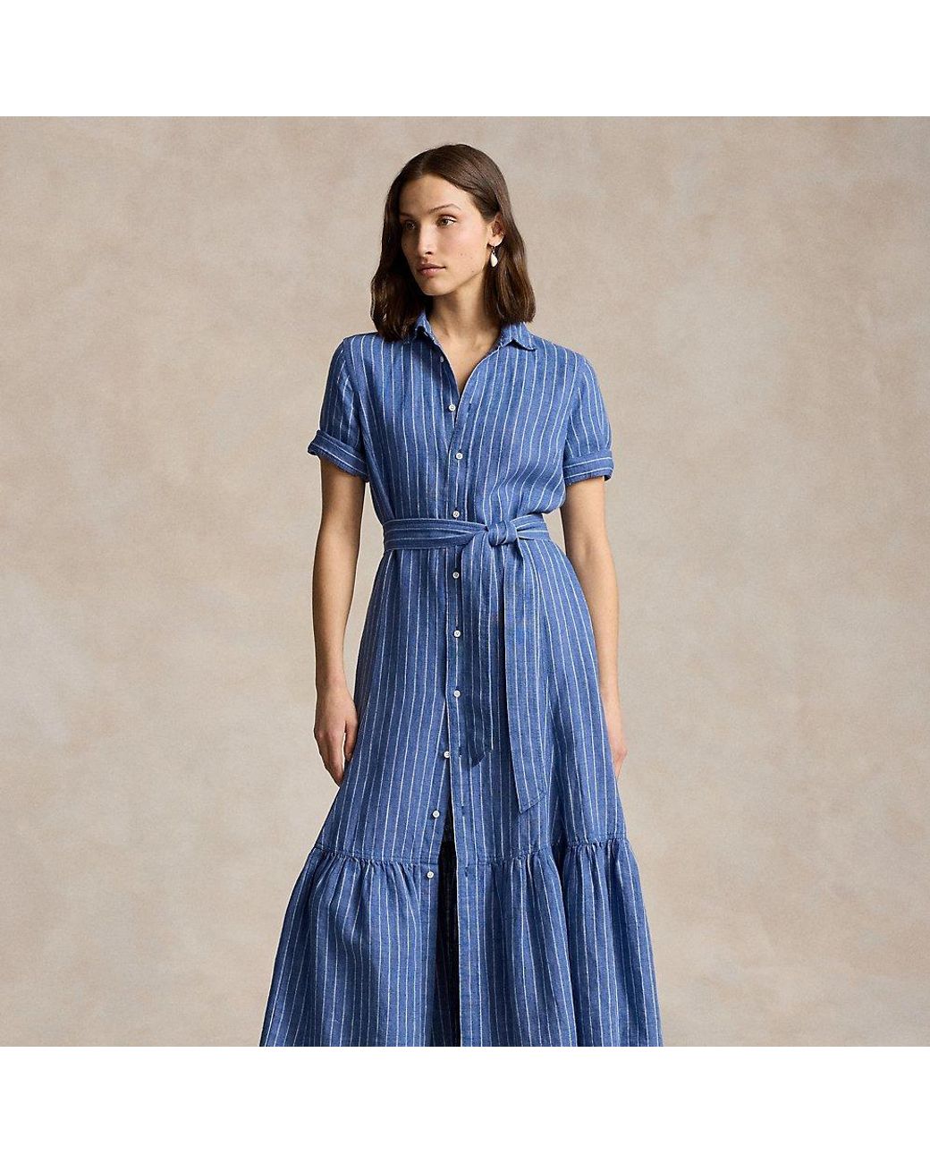 Polo Ralph Lauren Striped Linen Tiered Shirtdress in Blue | Lyst