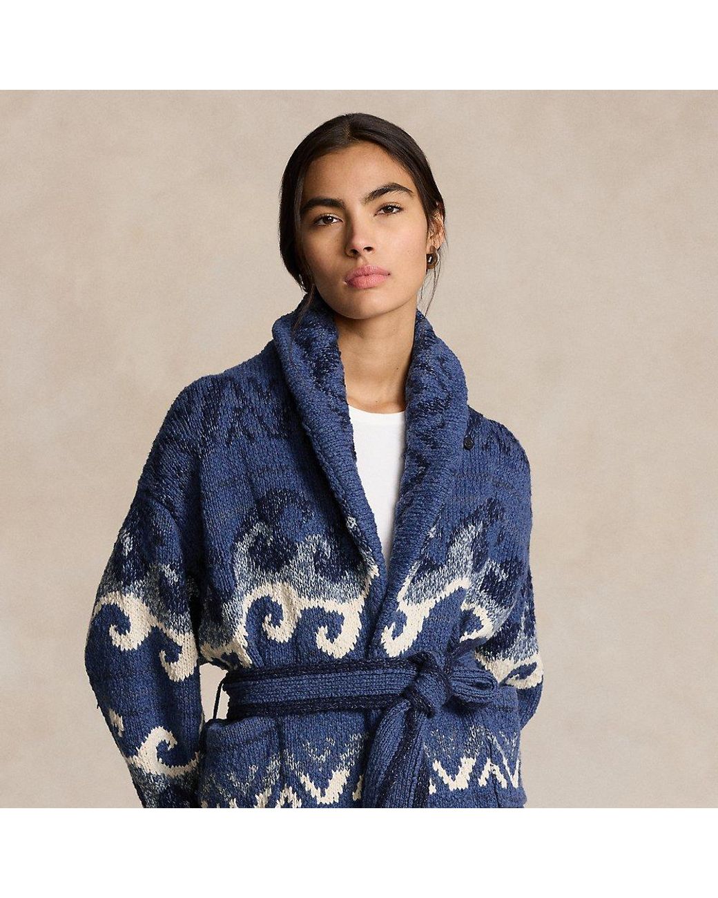 Ralph Lauren Wave-motif Shawl Cardigan in Blue | Lyst