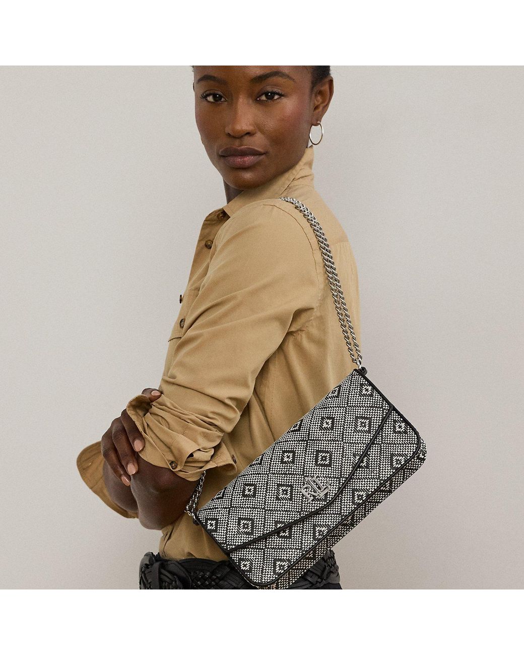 Ralph Lauren Geo-Motif Woven Straw Medium Sawyer Bag in Brown | Lyst