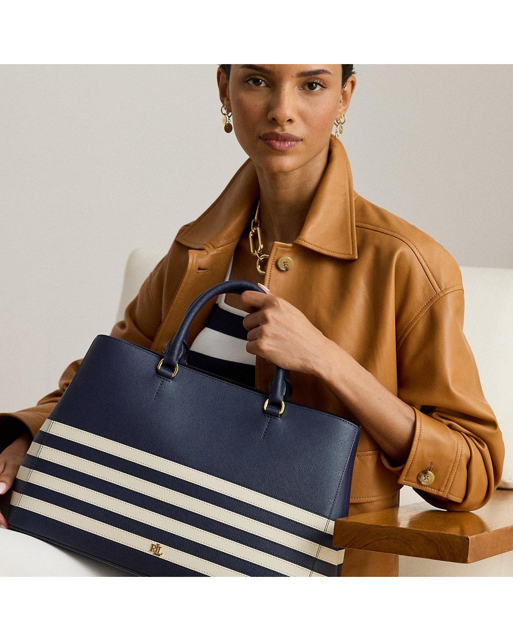 Ralph Lauren Striped Leather Large Hanna Satchel in Blue | Lyst