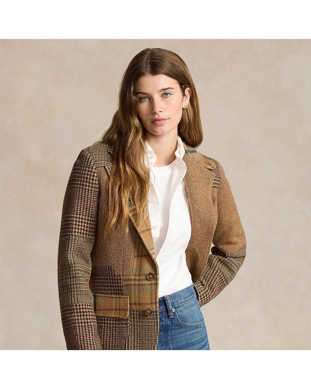 Ralph Lauren Patchwork Herringbone Tweed Blazer in Brown | Lyst