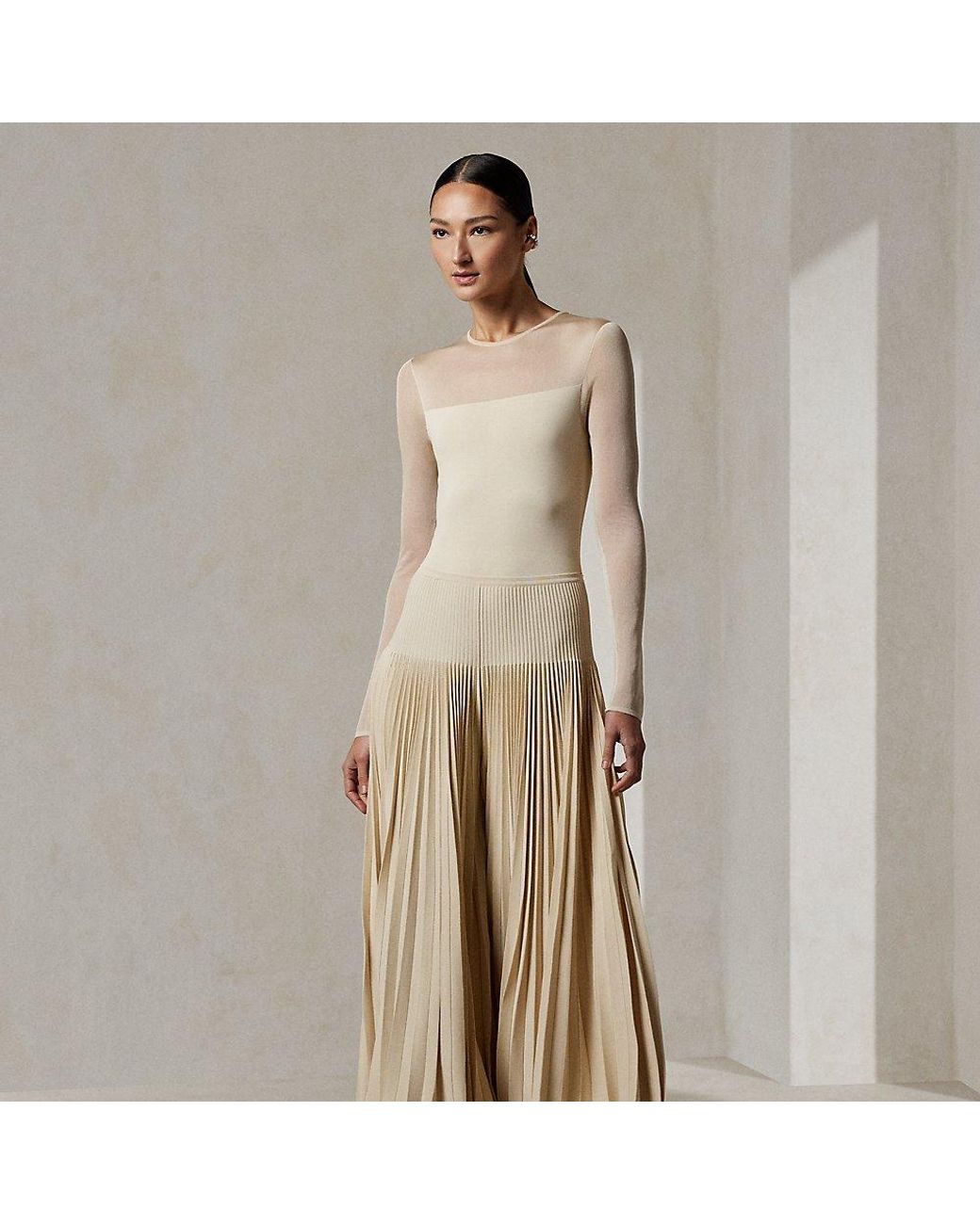 Ralph Lauren Ralph Lauren Pleated Opaque & Sheer Wide-leg Jumpsuit in Natural | Lyst