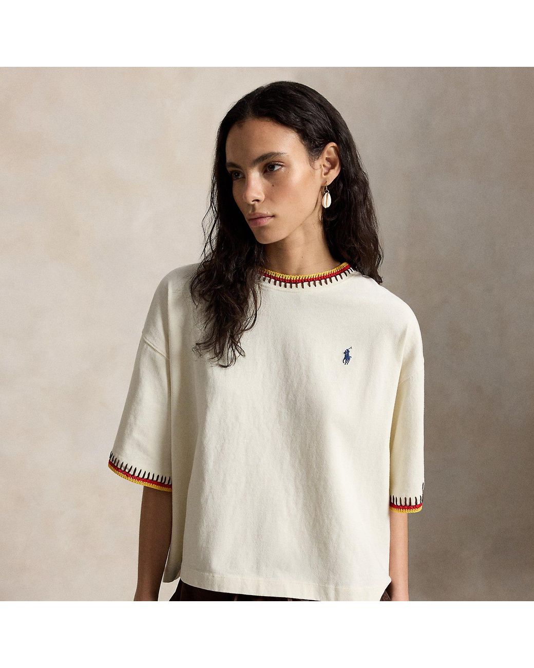 Polo Ralph Lauren Crochet-Trim Cotton Jersey Tee in Metallic | Lyst UK