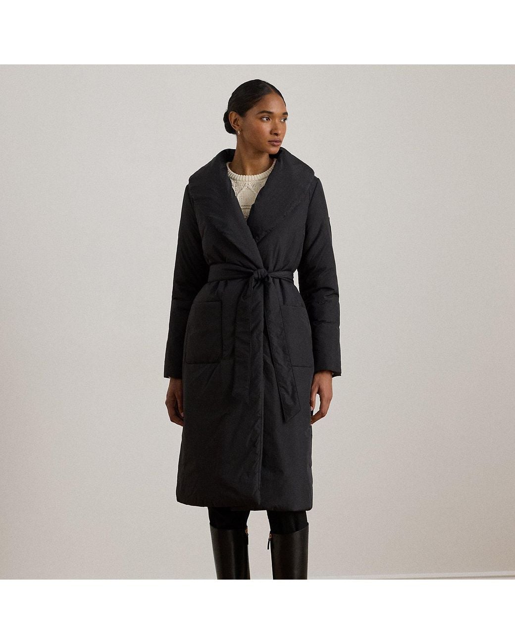 Ralph Lauren Belted Oversize-Collar Puffer Wrap Coat in Black | Lyst