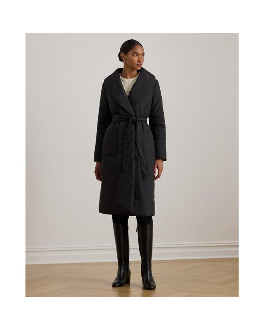Ralph Lauren Belted Oversize-Collar Puffer Wrap Coat in Black | Lyst
