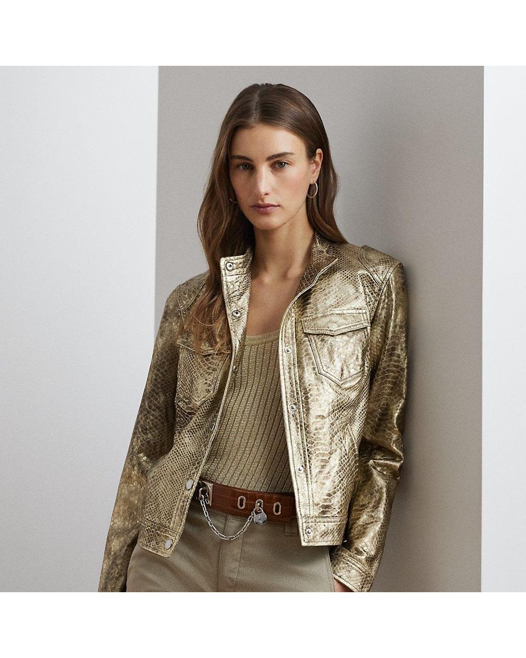 Ralph Lauren Metallic Embossed Lambskin Moto Jacket in Brown | Lyst