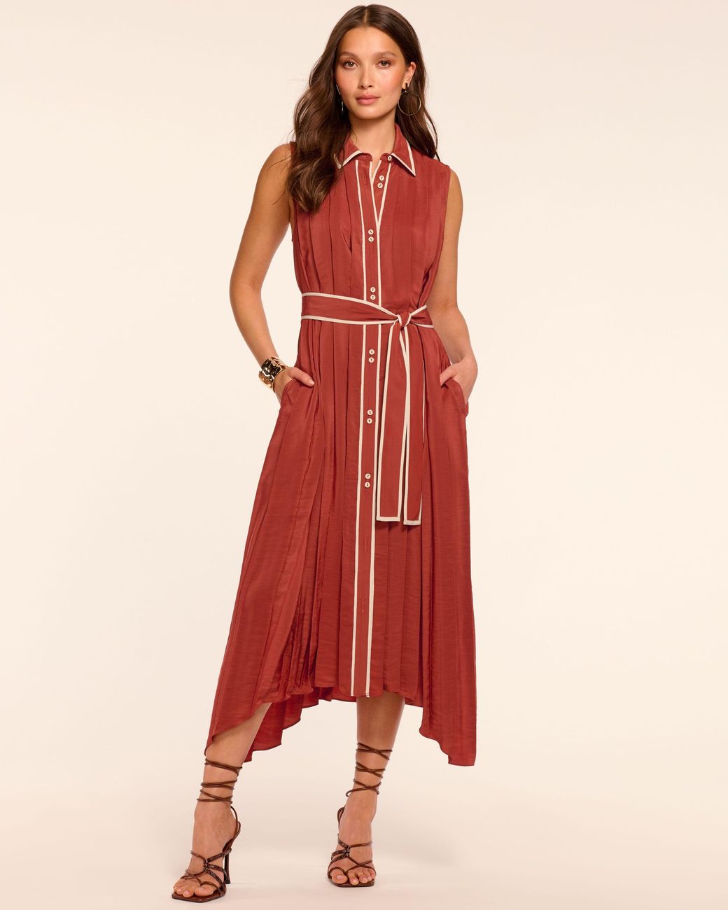 Ramy Brook Kenneth Button Down Pleated Midi Dress in Red | Lyst