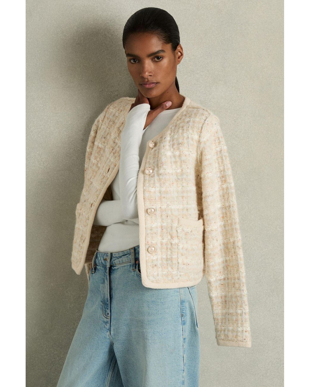 Reiss Felicity Cardigan Wool Tweed Effect in Natural | Lyst UK