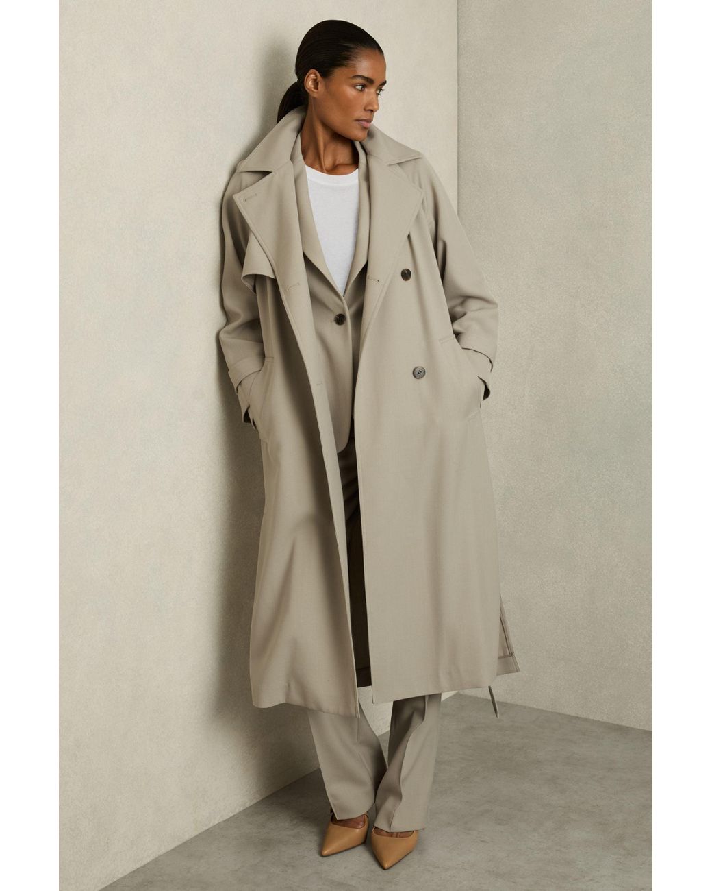 Reiss Wool-Blend Double-Breasted Trench Coat in Natural | Lyst