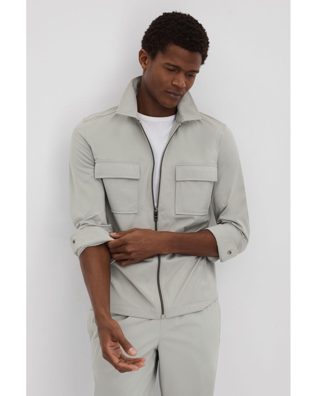 Reiss Hylo - Light Sage Green Technical Zip-through Jacket, M in Grey ...