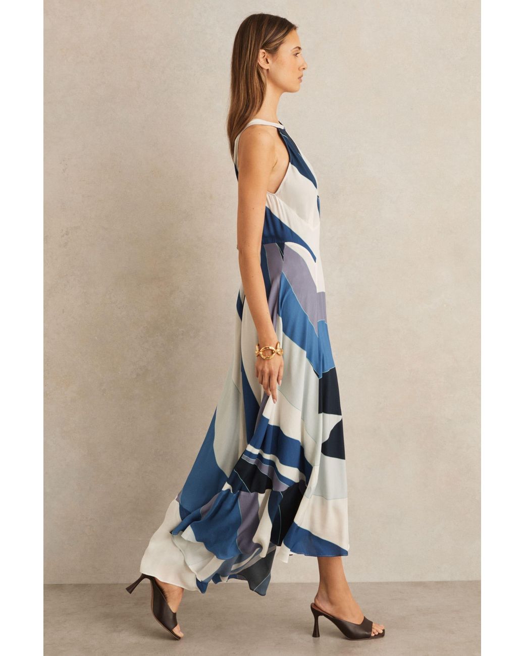 Reiss Imogen - Blue Stripe Print V-back Midi Dress, Us 0 | Lyst