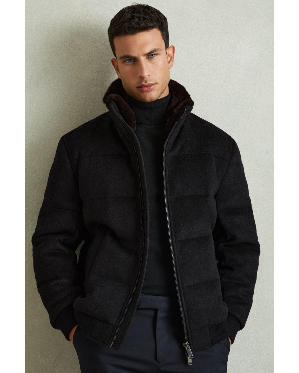 Reiss Quilted Wool Blend Herringbone And Faux Fur Jacket in Black for ...