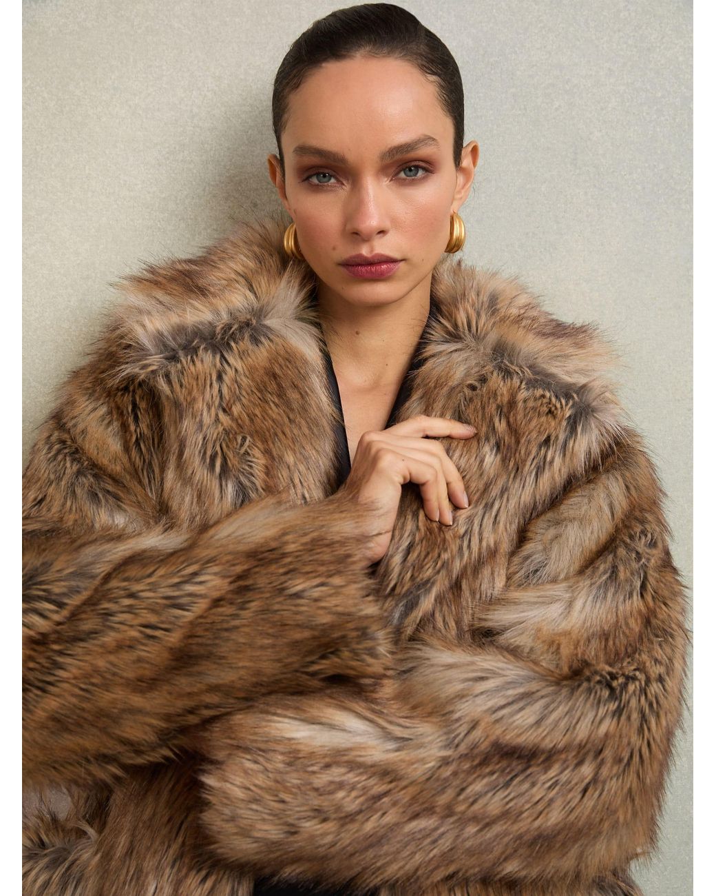 Reiss Atelier Faux-Fur Long Coat in Brown | Lyst