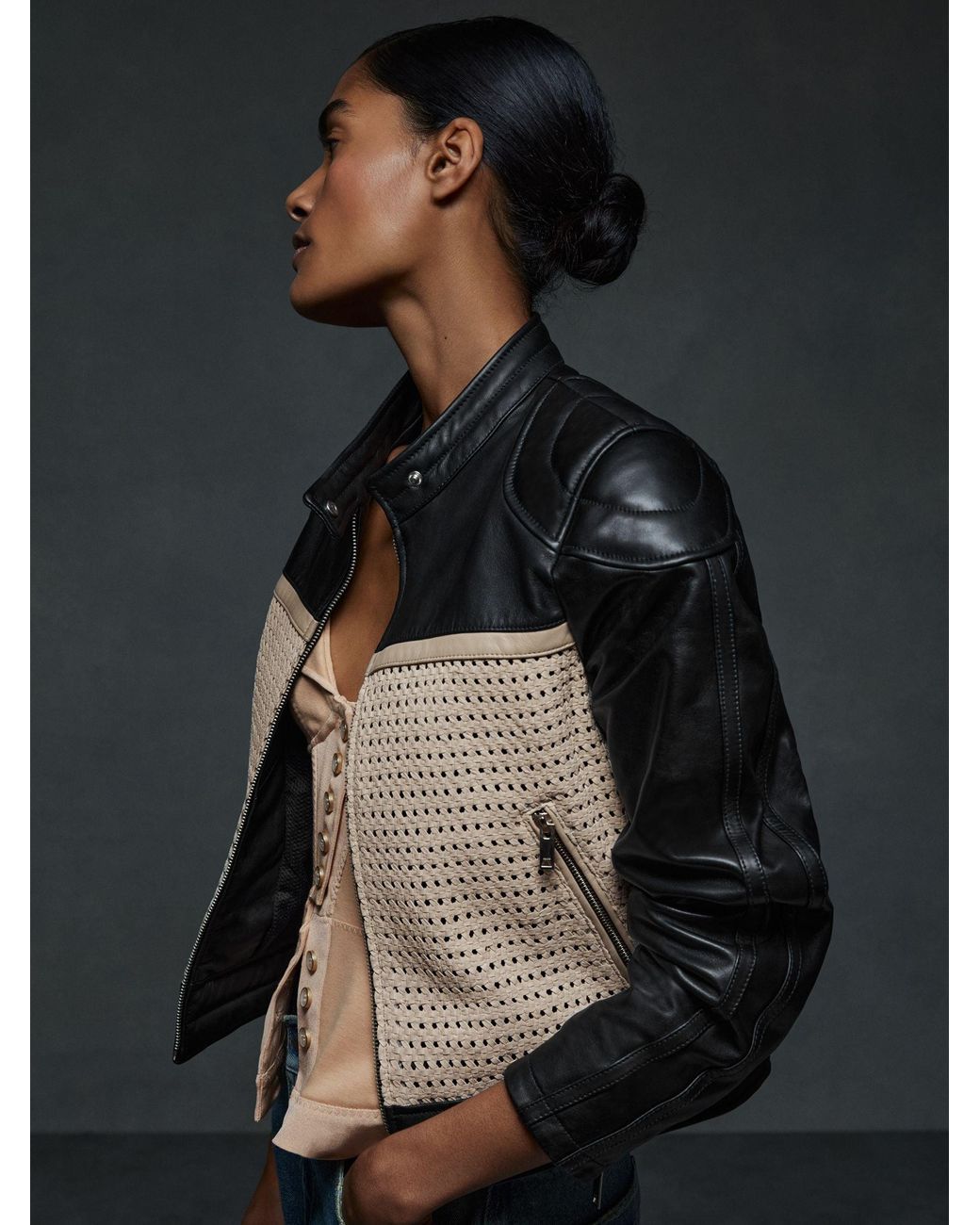 Reiss Atelier Leather Woven Biker Jacket in Black | Lyst UK