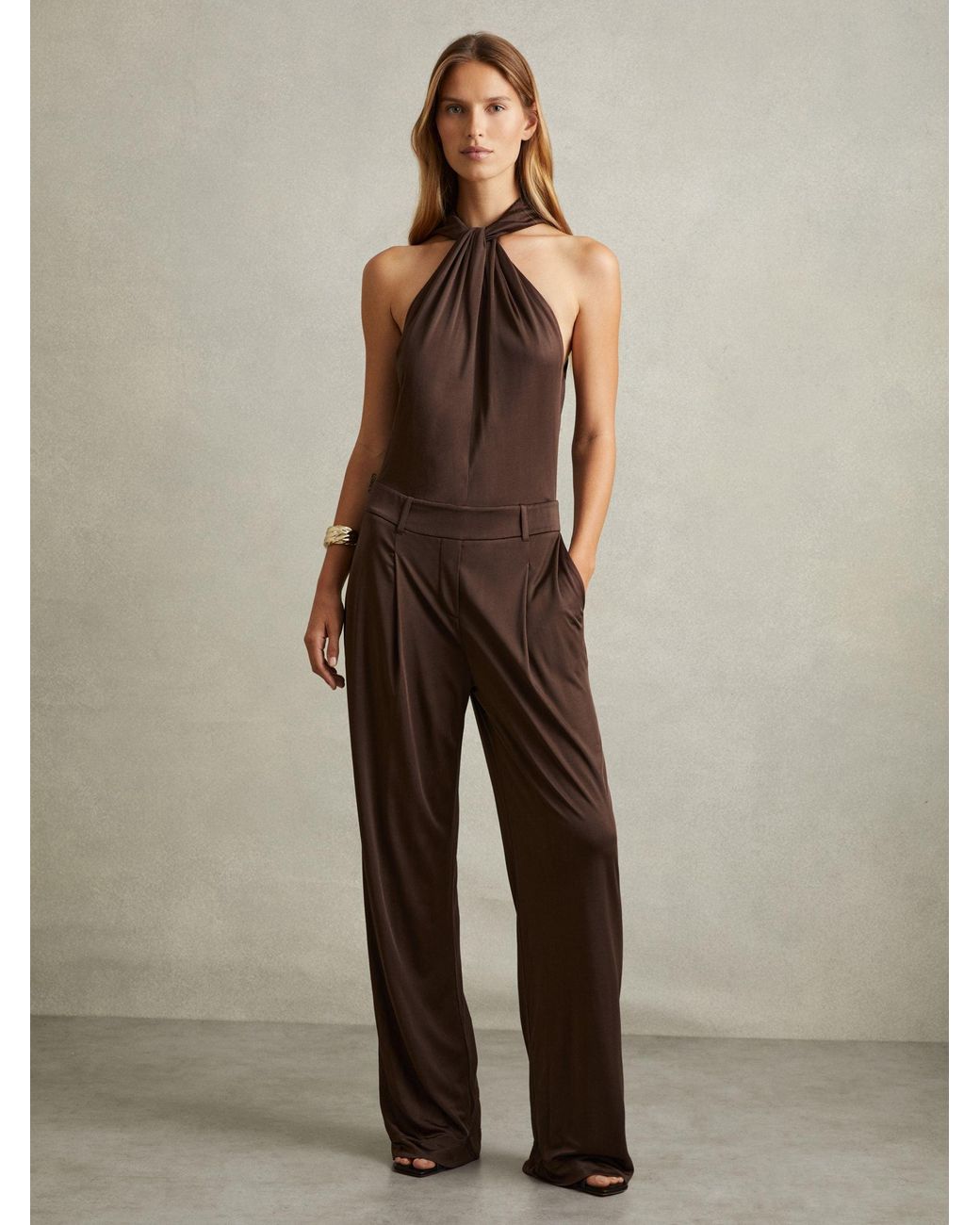 Reiss Jersey Halter Neck Wide Leg Jumpsuit in Brown | Lyst