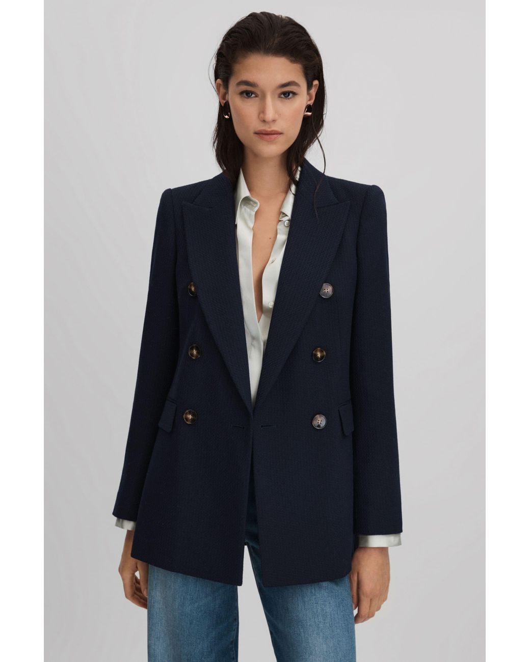 Reiss Tailored Textured Wool Blend Double Breasted Blazer in Blue | Lyst UK