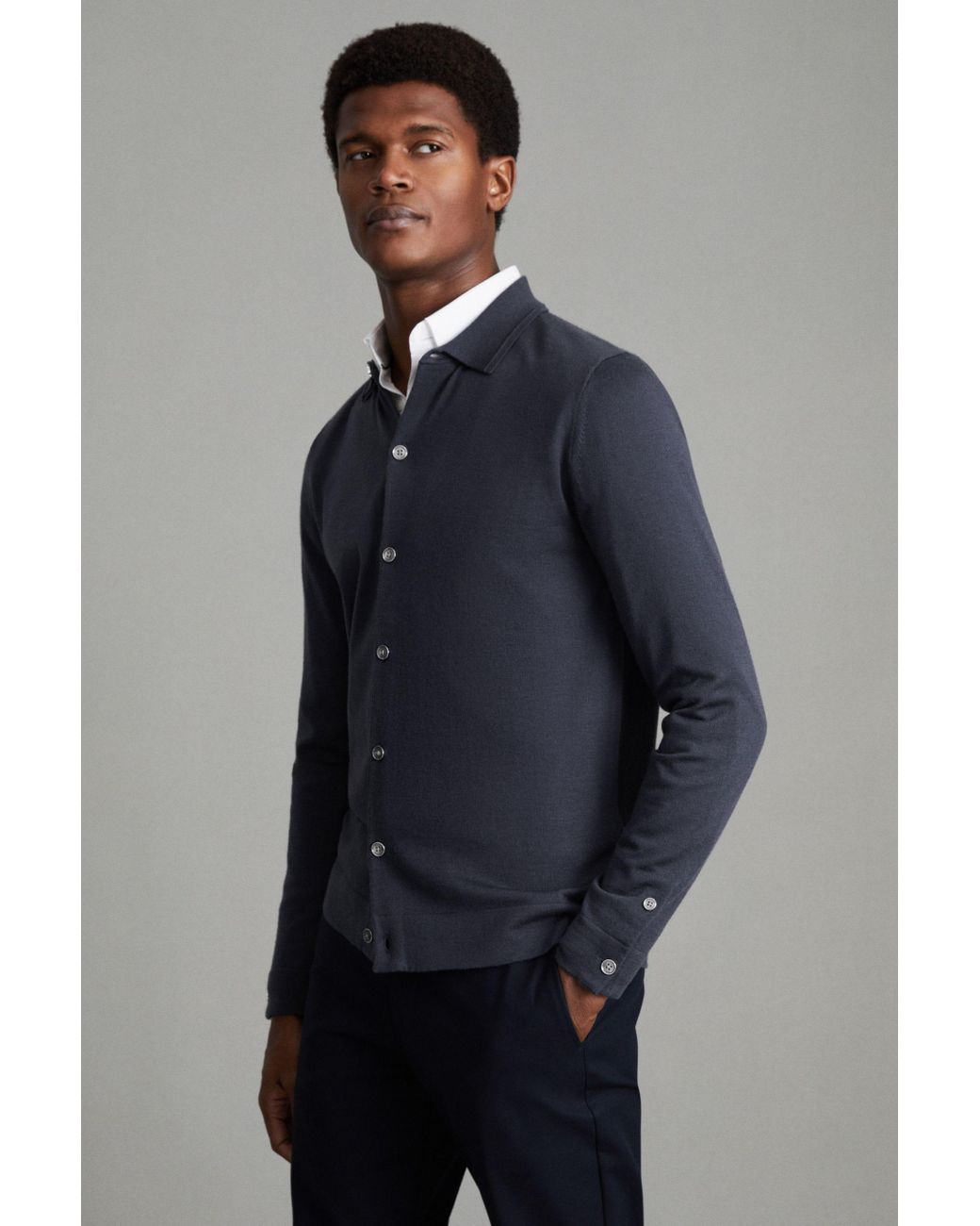 Reiss Forbes - Blue Smoke Merino Wool Button-through Cardigan for Men ...