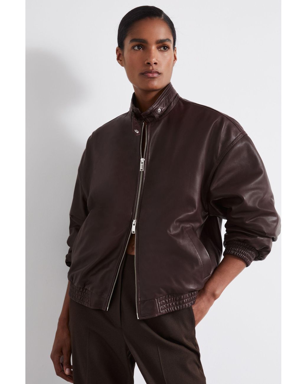 Reiss Atelier Leather Latched-Collar Bomber Jacket in Brown | Lyst