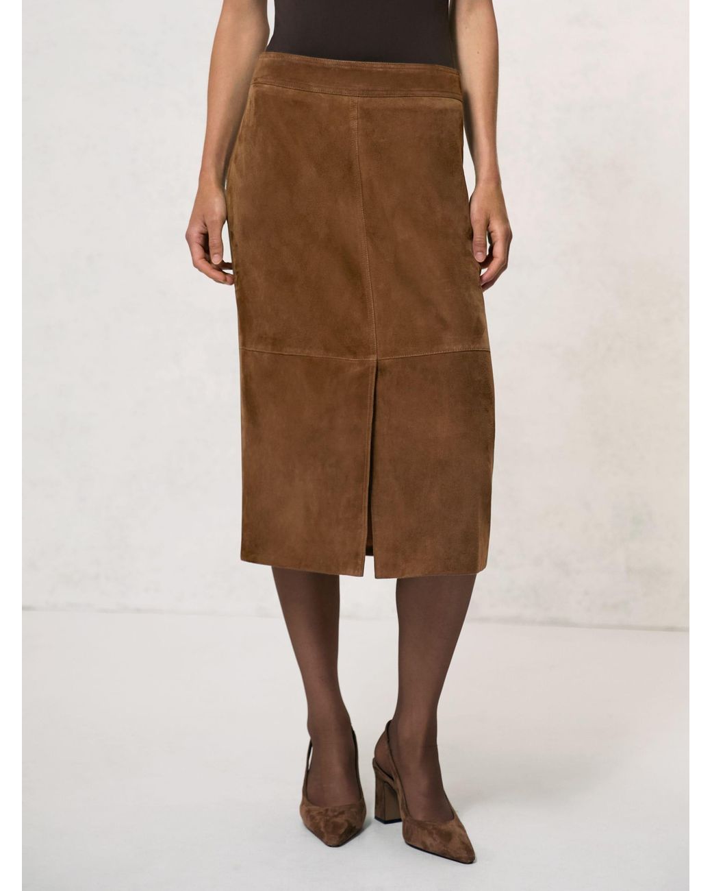 Reiss Suede Straight-Fit Midi Skirt in Natural | Lyst