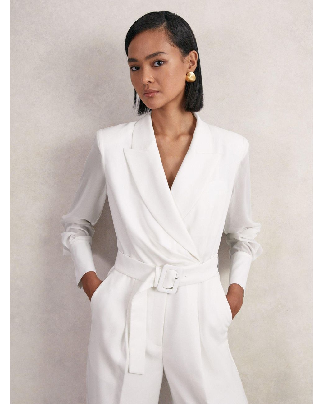 Reiss Sheer-Sleeve Wide-Leg Tuxedo Jumpsuit in Natural | Lyst