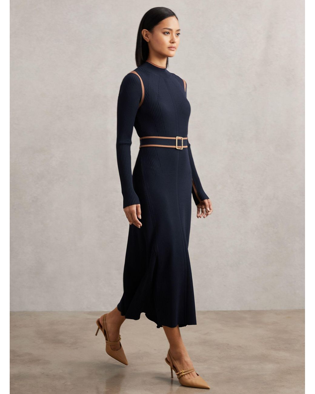 Reiss Camel Colour-Block Rib-Knit Midi Dress in Blue | Lyst UK