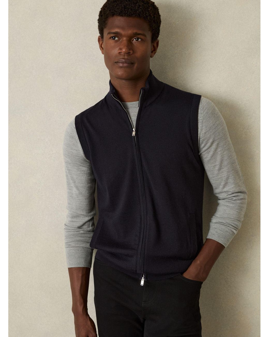 Reiss Leeds - Navy Merino Wool Zip-through Gilet, M in Black for Men | Lyst